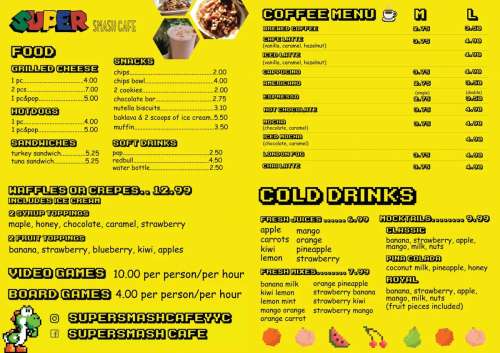 Super Smash Café menu in Calgary, Alberta, Canada
