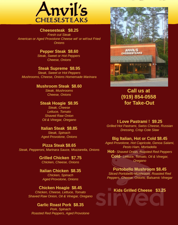 Menu - Raleigh NC's Anvil's Cheesesteaks | Sirved