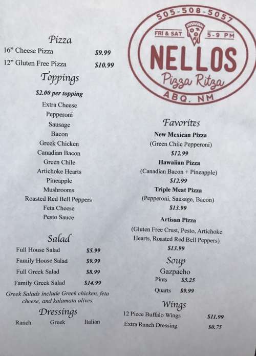 Nellos Pizza Ritza menu in Albuquerque, New Mexico, USA