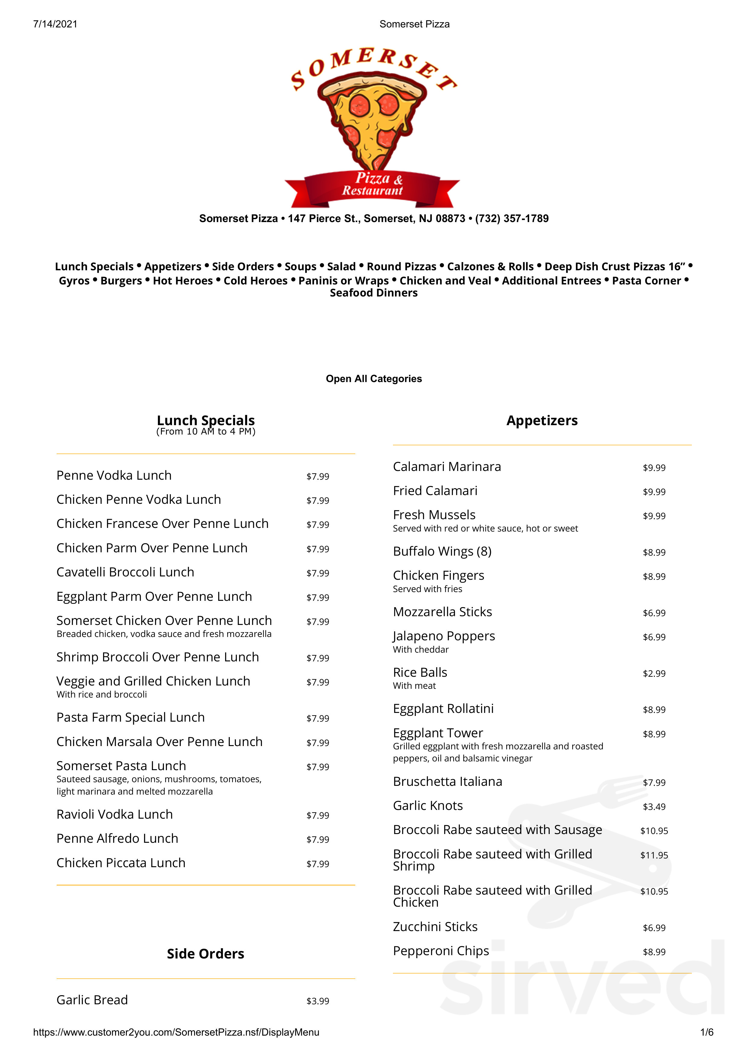 Somerset Pizza & Restaurant menu in Somerset, New Jersey, USA
