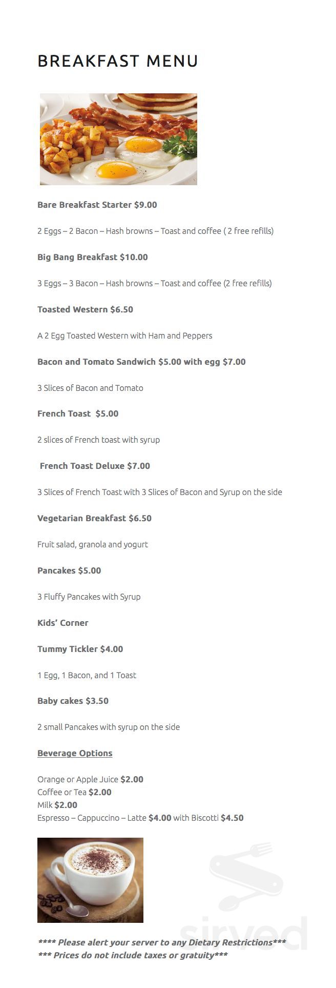 Menu - Sharon ON's The Bare Bistro | Sirved