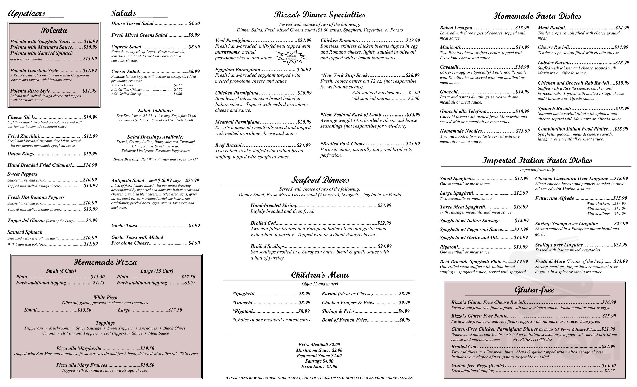 Menu for Rizzo's Malabar Inn in Crabtree, PA | Sirved