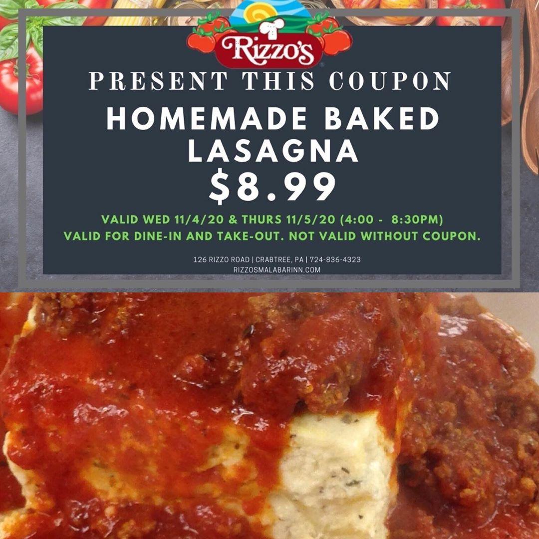 Rizzo's Malabar Inn menu in Crabtree, Pennsylvania, USA