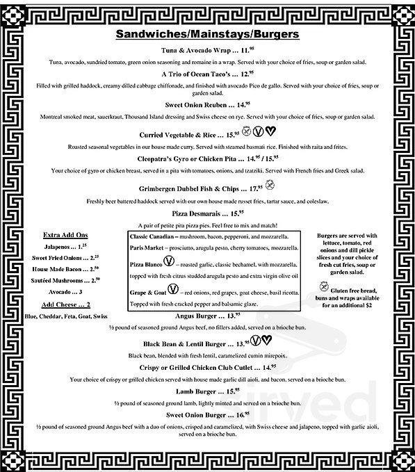 The Sweet Onion Bistro menu in London, Ontario, Canada