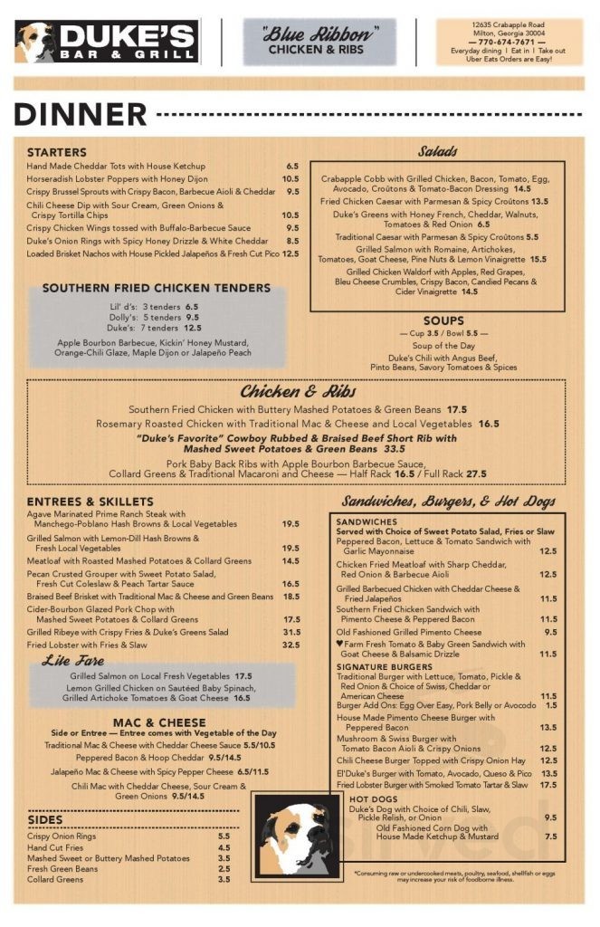 Dukes Bar & Grill menu in Milton, Georgia, USA