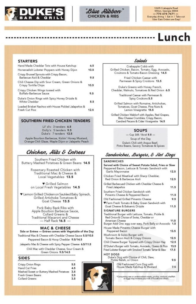Dukes Bar & Grill menu in Milton, Georgia, USA