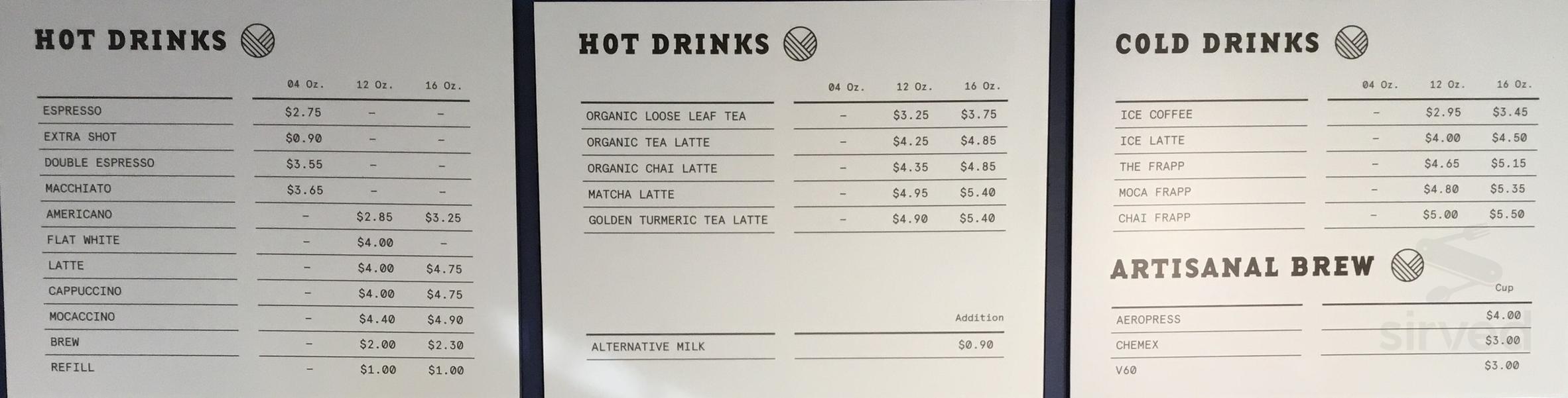 Vereda Central Coffee Roasters menu in Oakville, Ontario, Canada