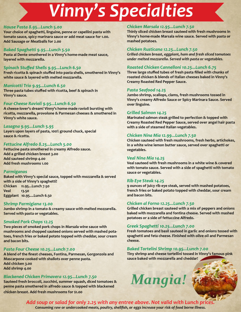 Vinny's Italian Grill & Pizzeria menu in Aylett, Virginia, USA
