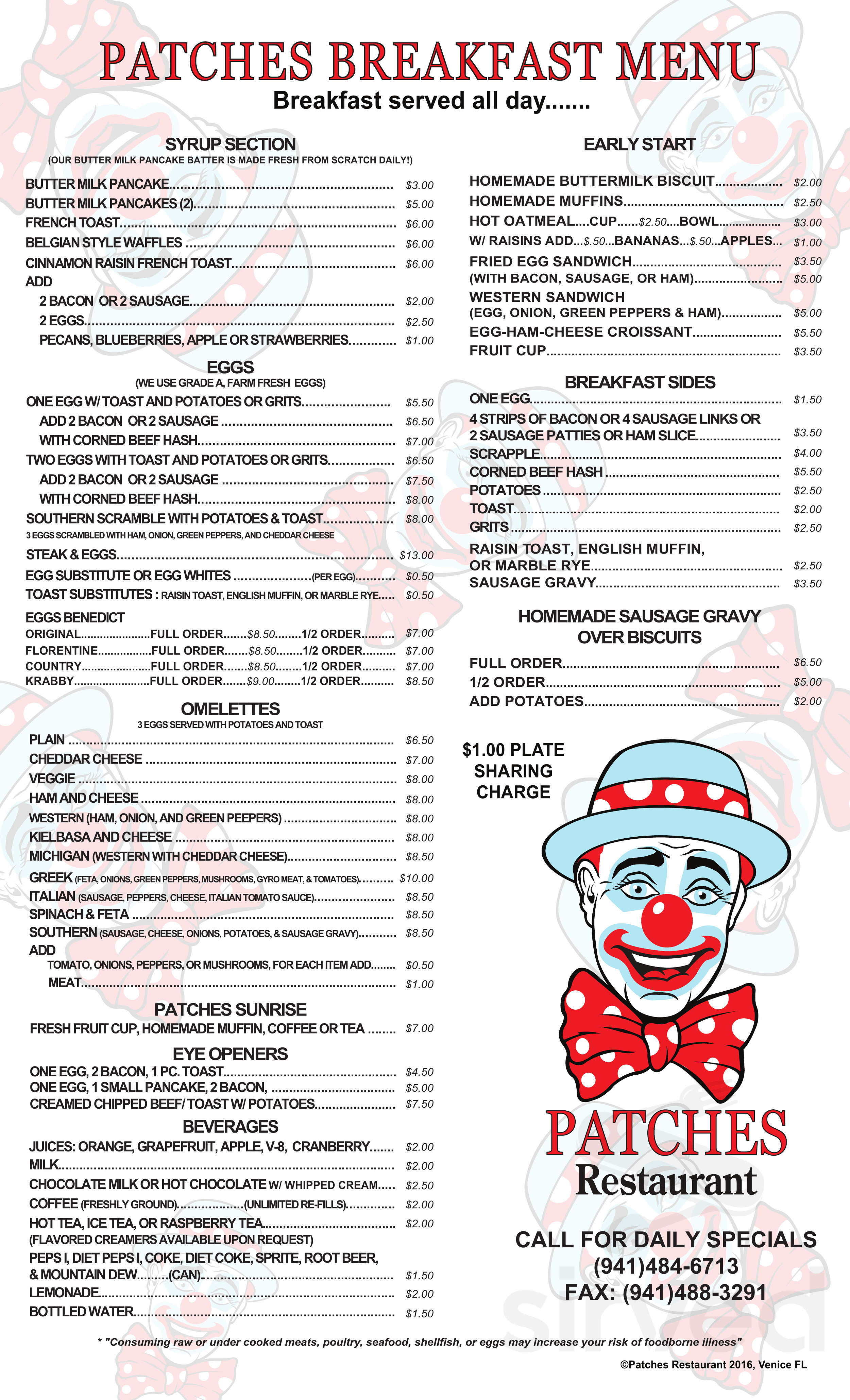 Patches Family Restaurant menu in Venice, Florida, USA
