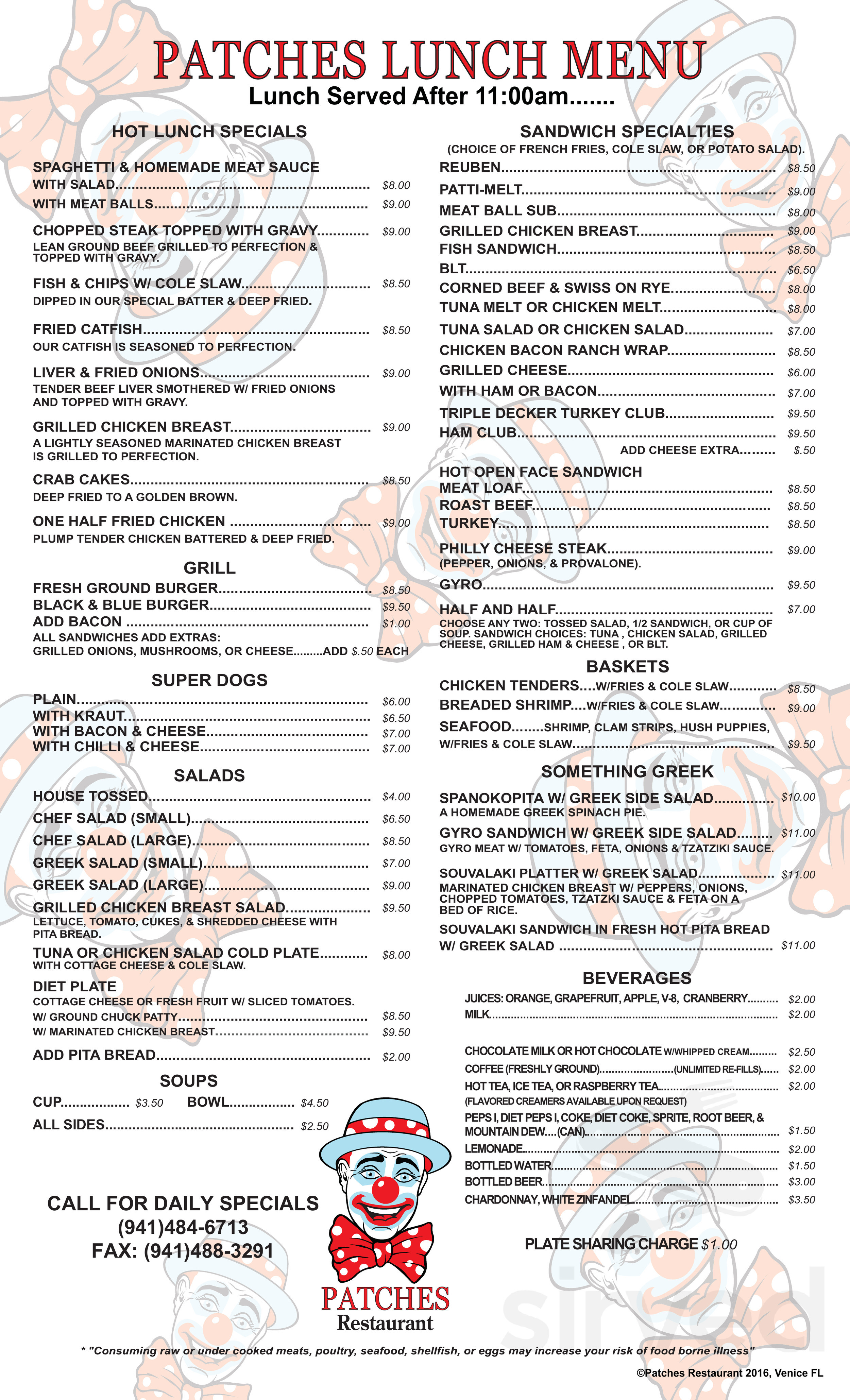 Patches Family Restaurant menu in Venice, Florida, USA