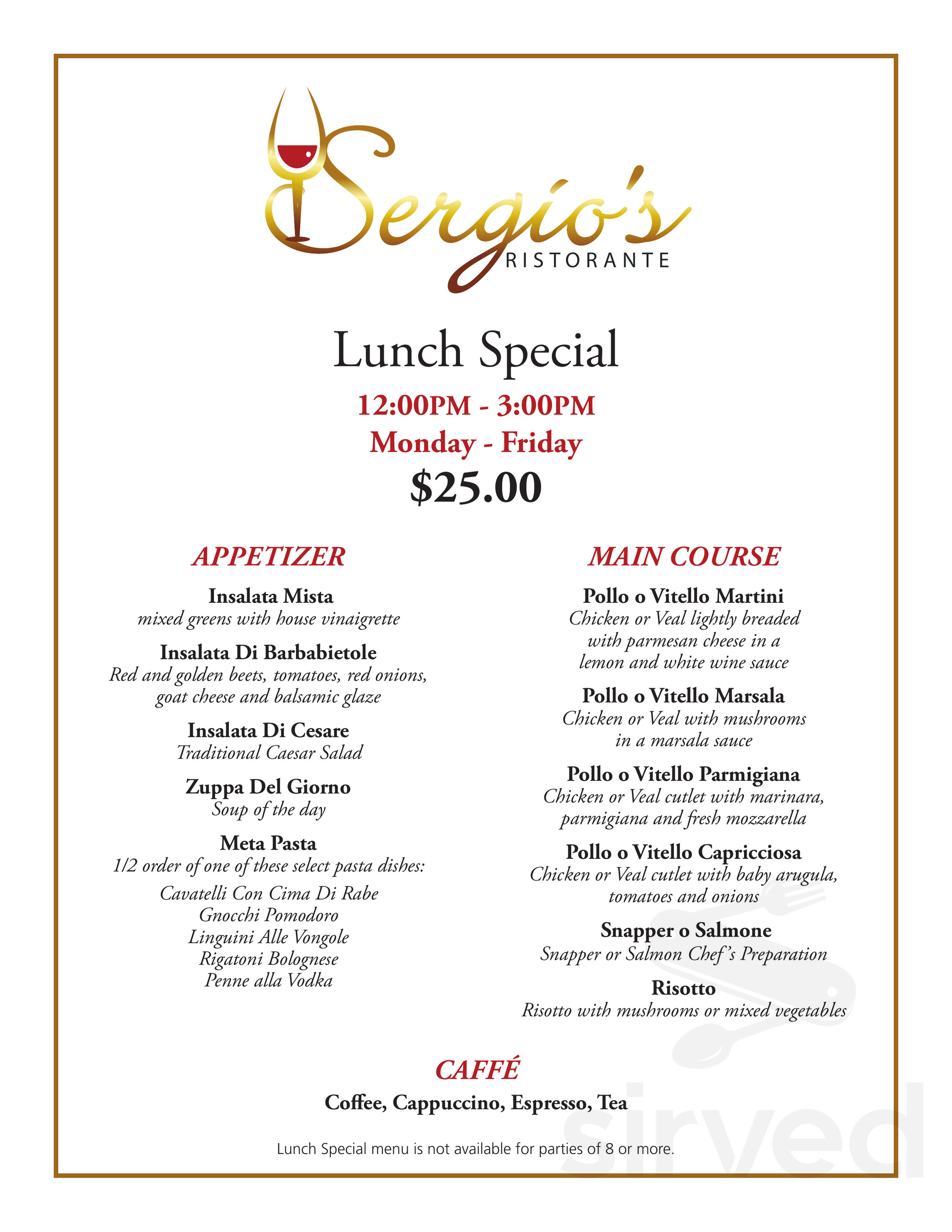 Sergio's menu in Village of Pelham, New York, USA