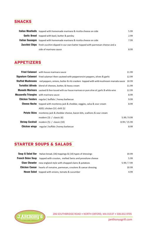 J. Anthony's Italian Grill menu in Auburn, Massachusetts, USA