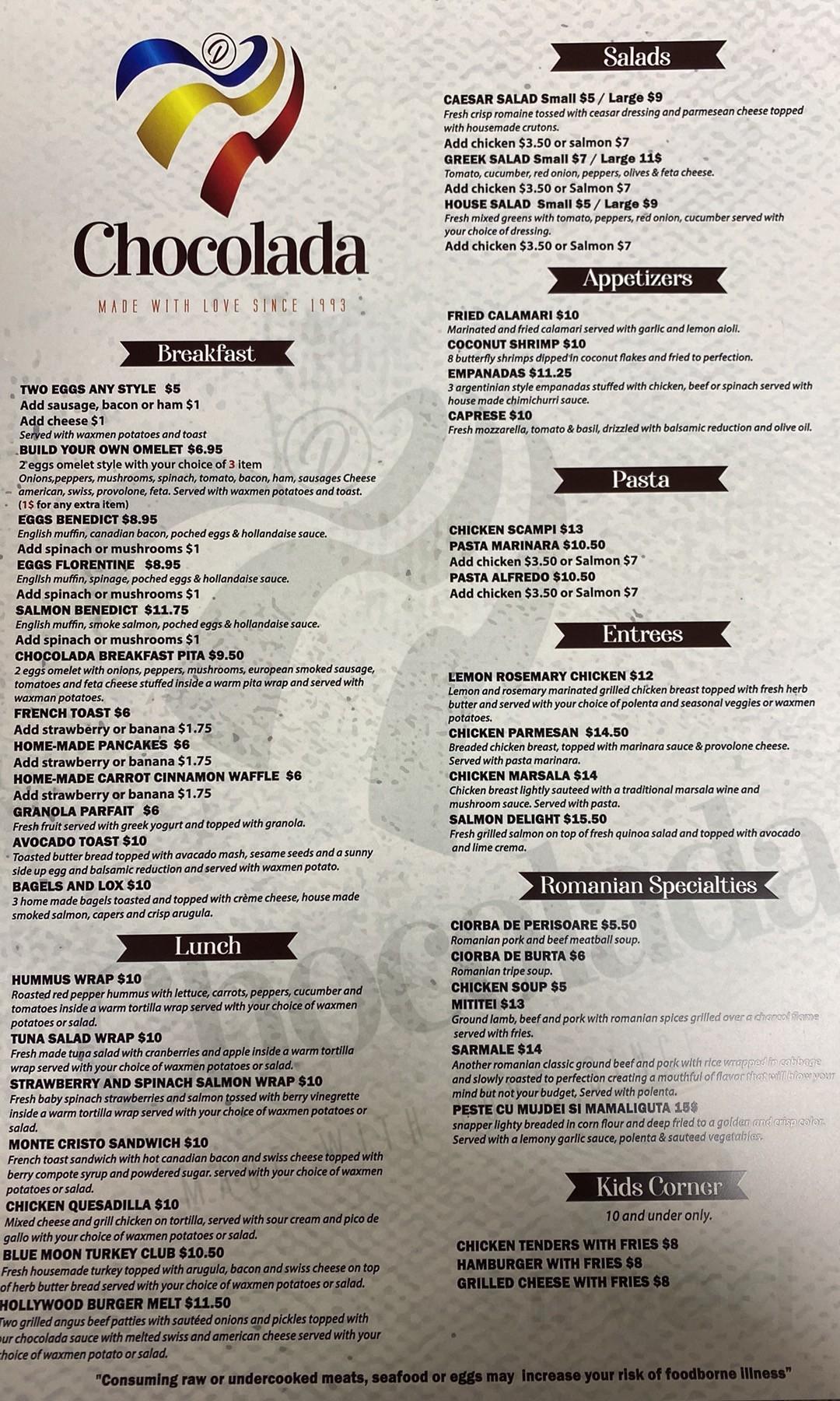 Chocolada Bakery & Cafe menu in Hollywood, Florida, USA