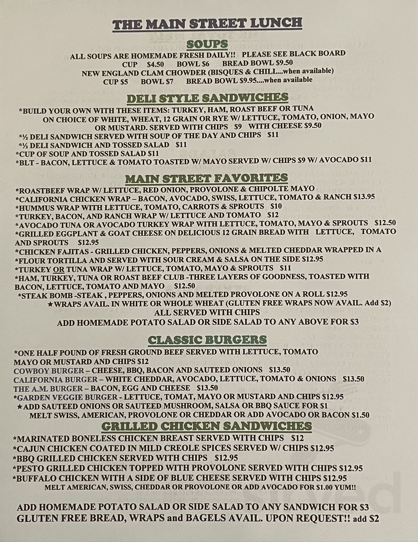 Main Street Cafe menu in Stockbridge, Massachusetts, USA