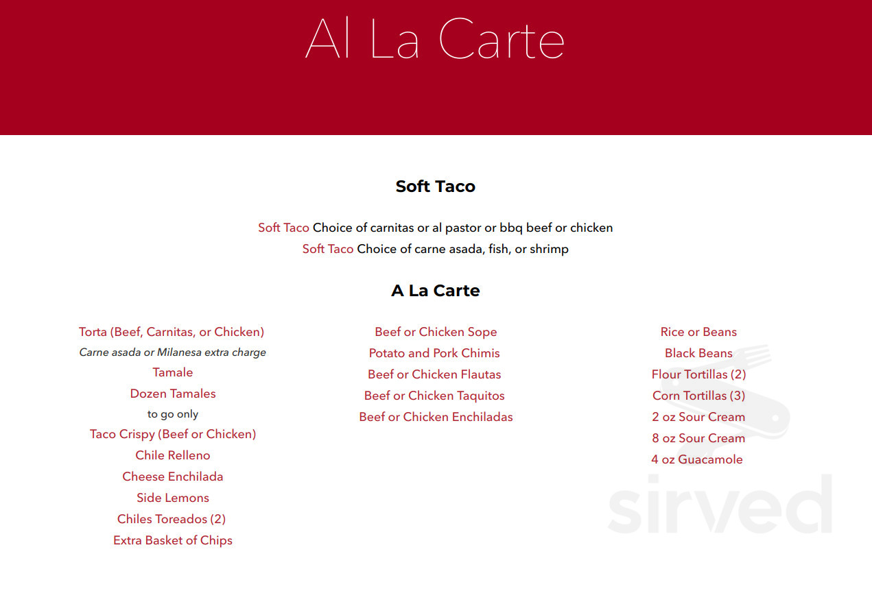 Taxco Restaurant menu in San Pedro, California, USA