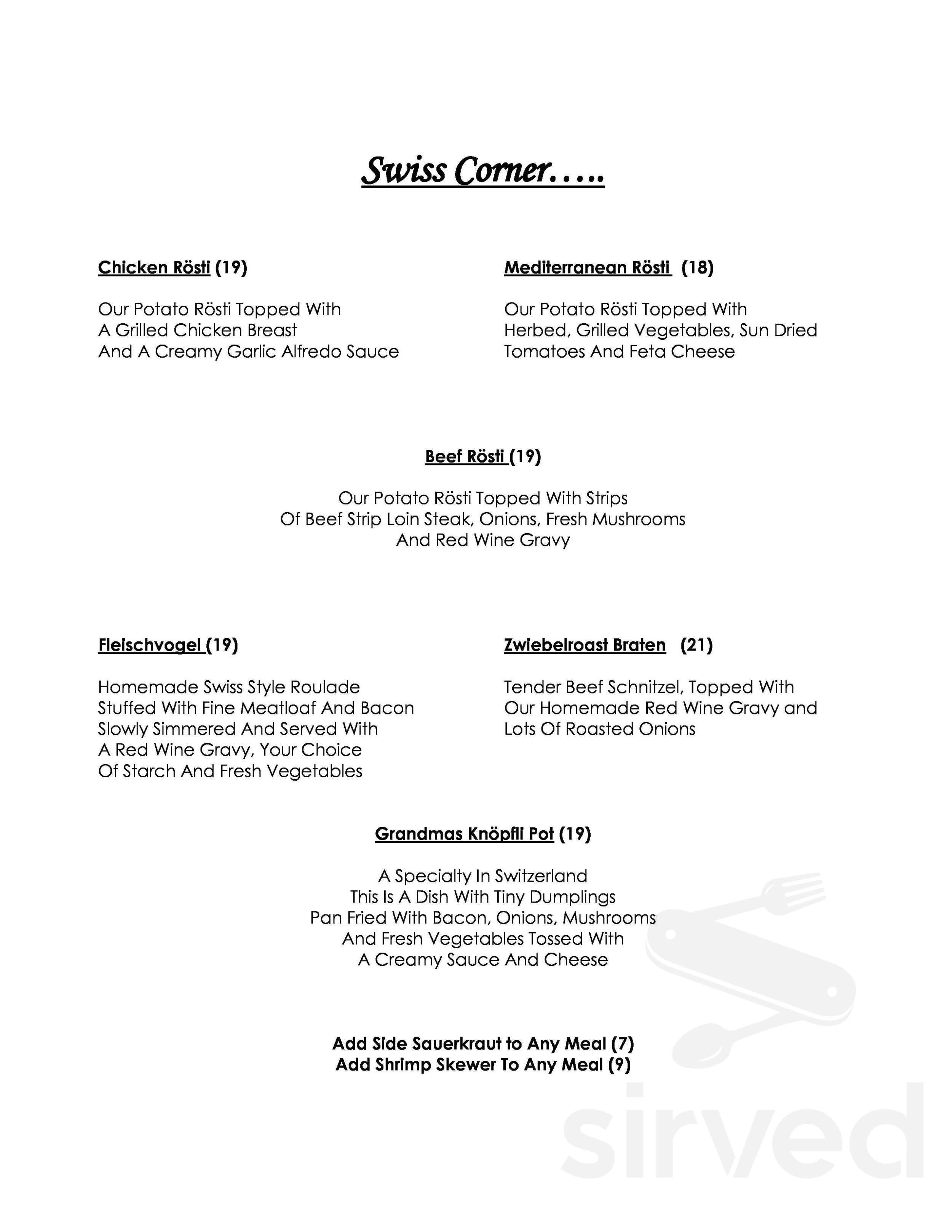 Swiss Country House Restaurant menus in Ahmic Harbour, Ontario, Canada