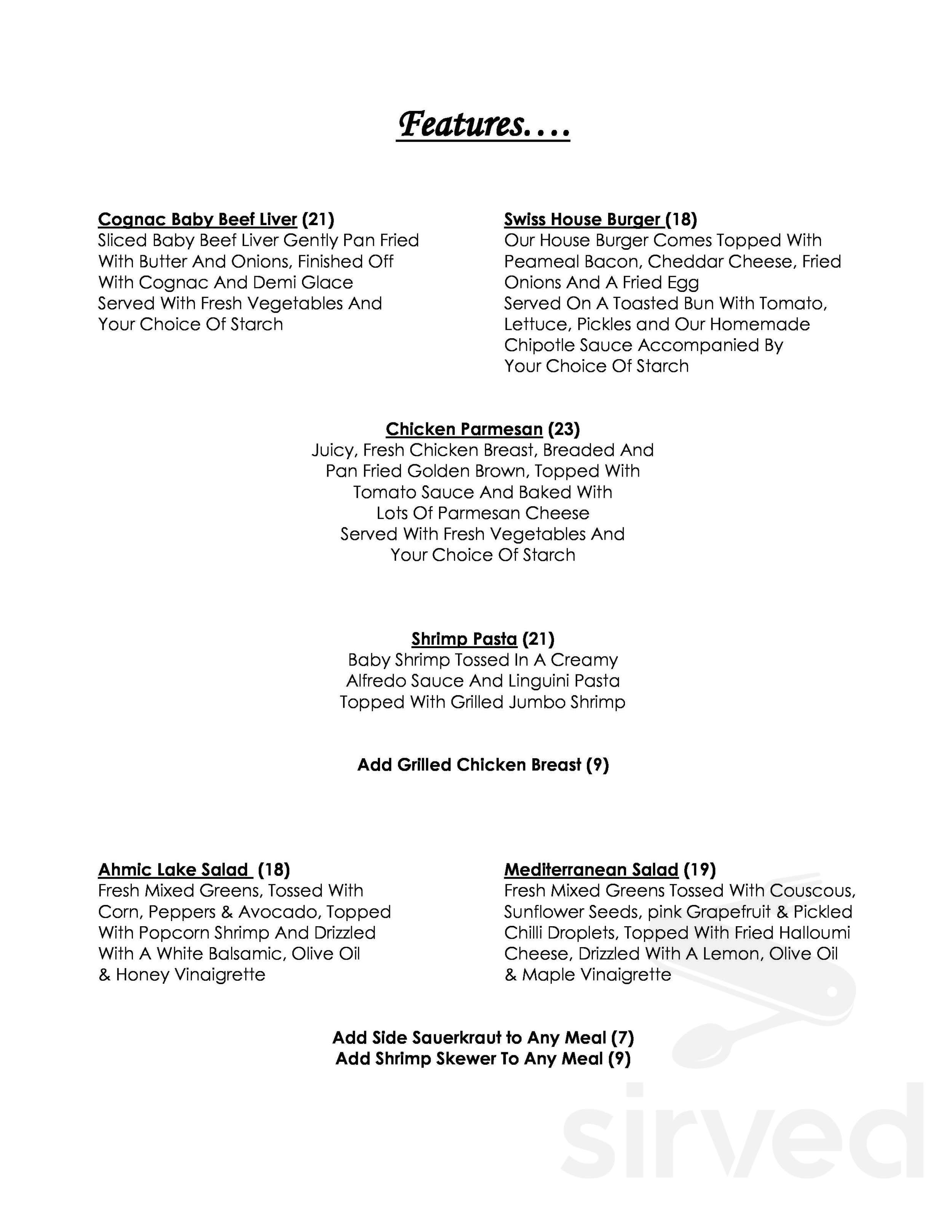 Swiss Country House Restaurant menus in Ahmic Harbour, Ontario, Canada