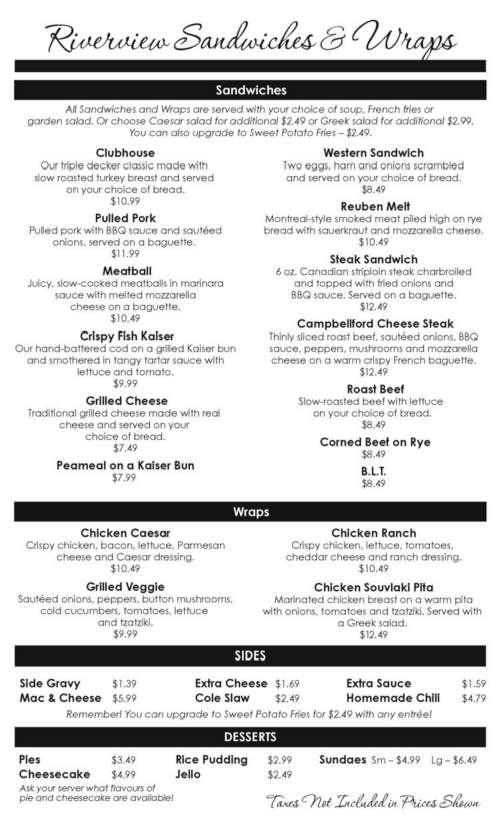 The Riverview Family Restaurant menu in Campbellford, Ontario, Canada