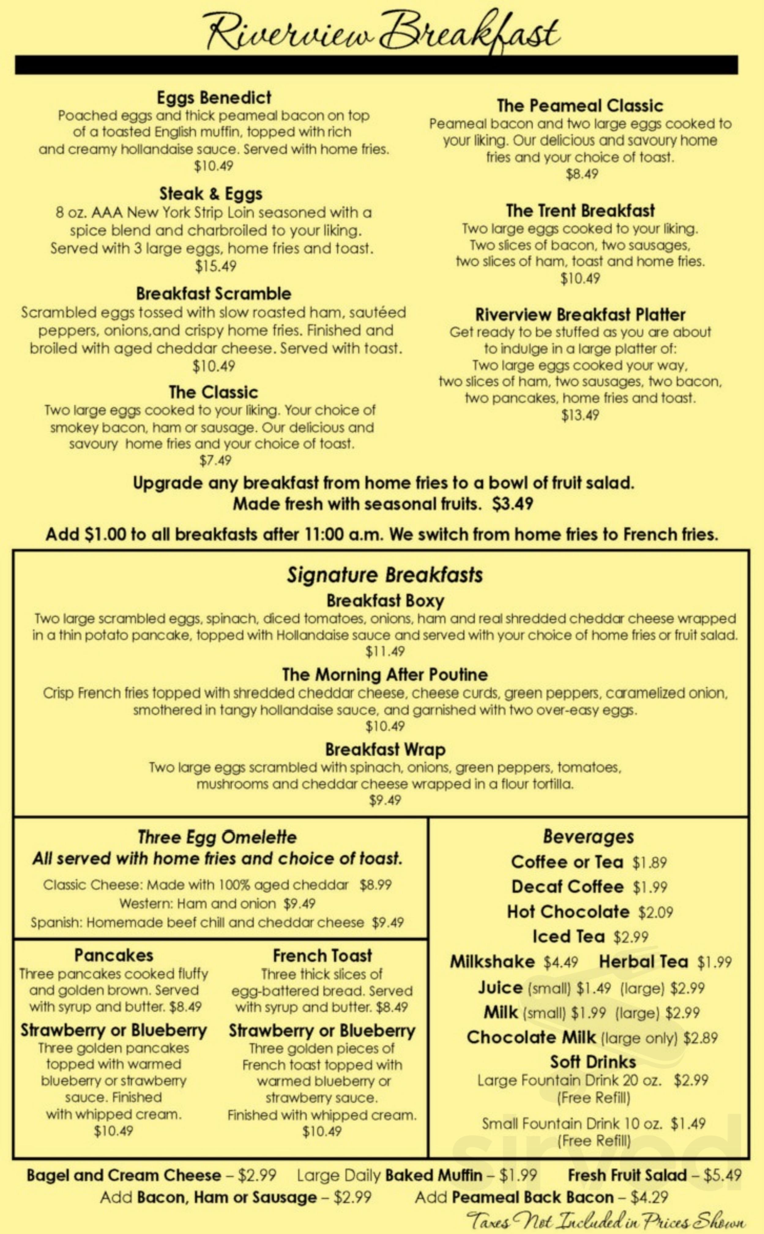 The Riverview Family Restaurant menu in Campbellford, Ontario, Canada