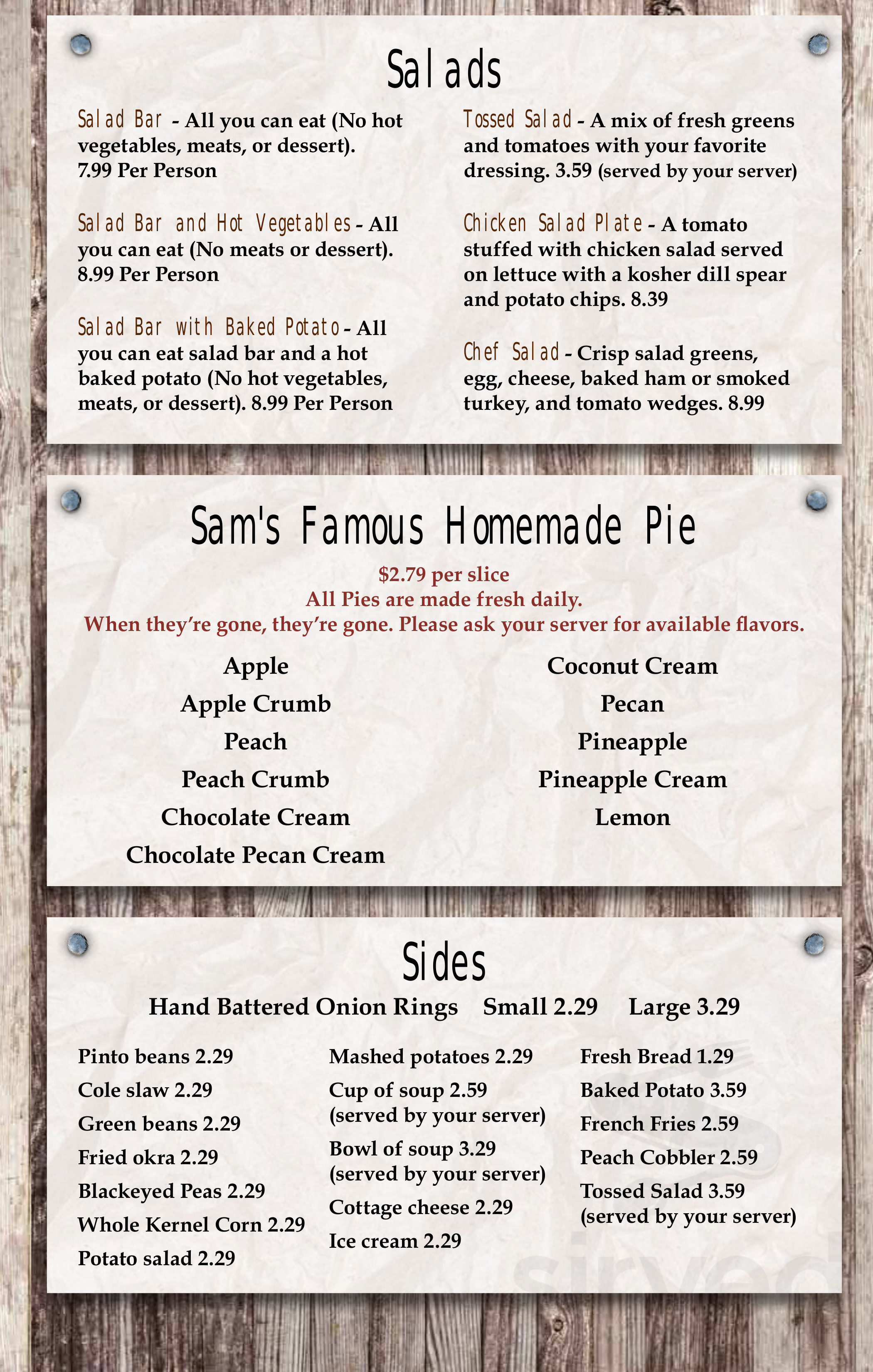 Sam's Original Restaurant menu in Fairfield, Texas, USA