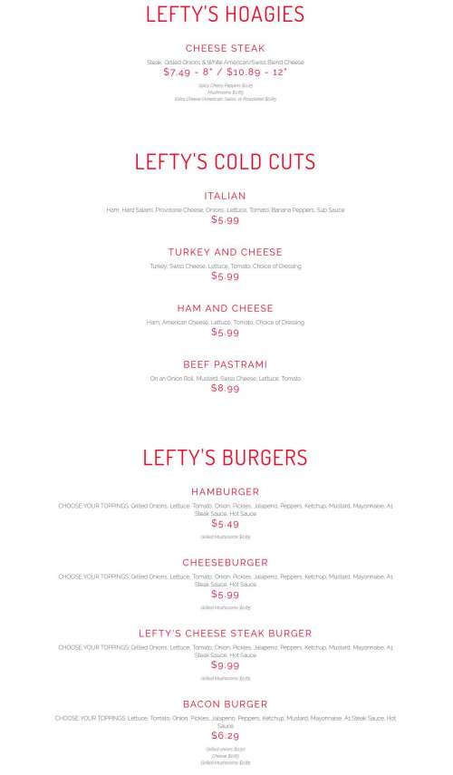 Lefty's Cheesesteak Hoagies menu in Woodhaven, Michigan, USA