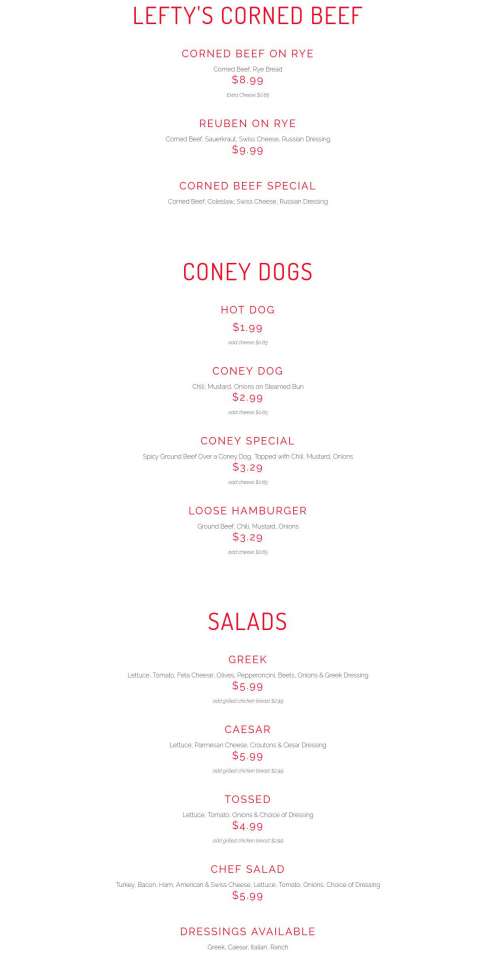 Lefty's Cheesesteak Hoagies menu in Woodhaven, Michigan, USA