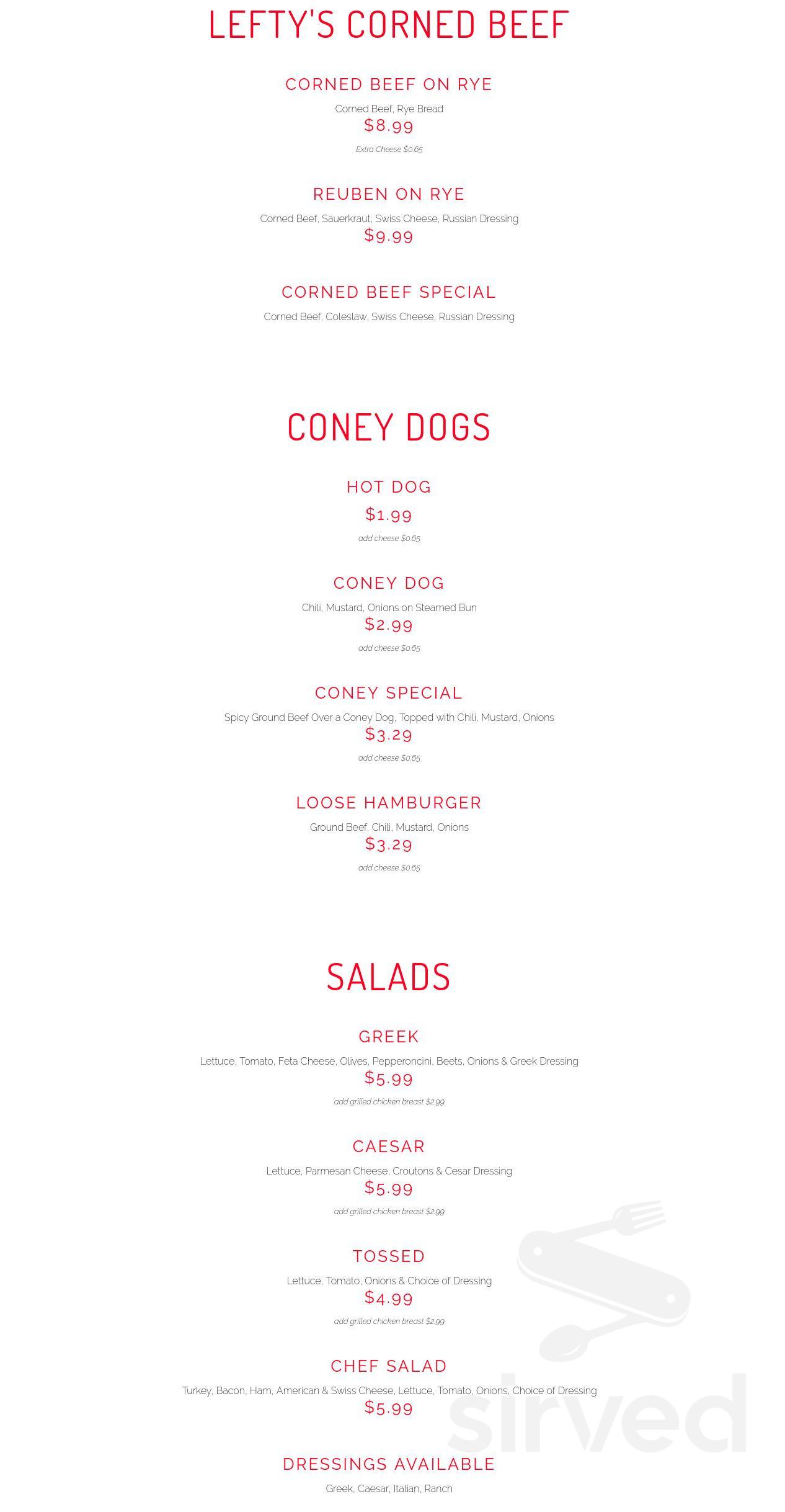 Menu for Lefty's Famous Cheesesteaks, Hoagies & Grill in Taylor ...