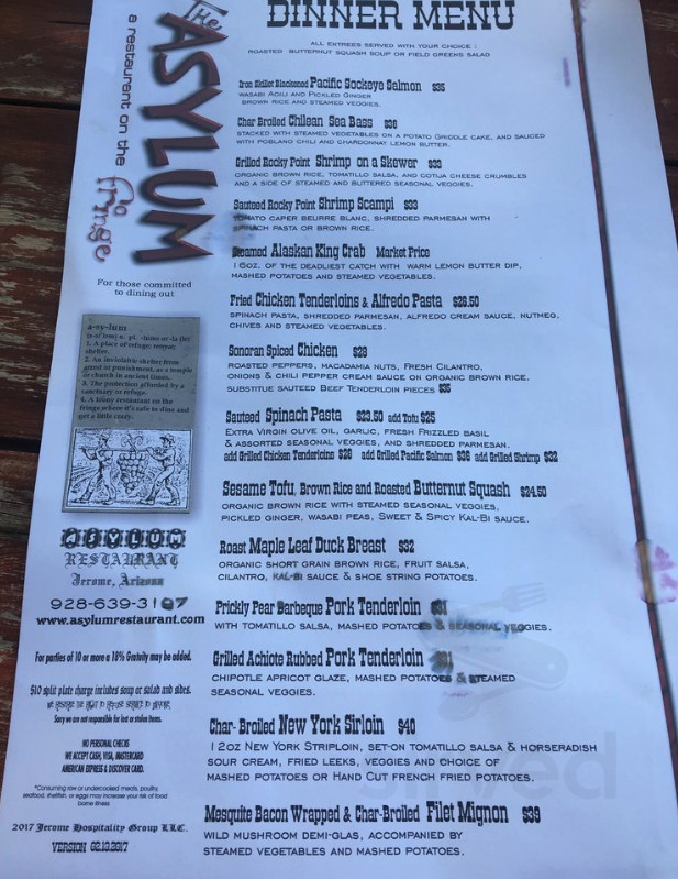 Asylum Restaurant menu in Jerome, Arizona, USA