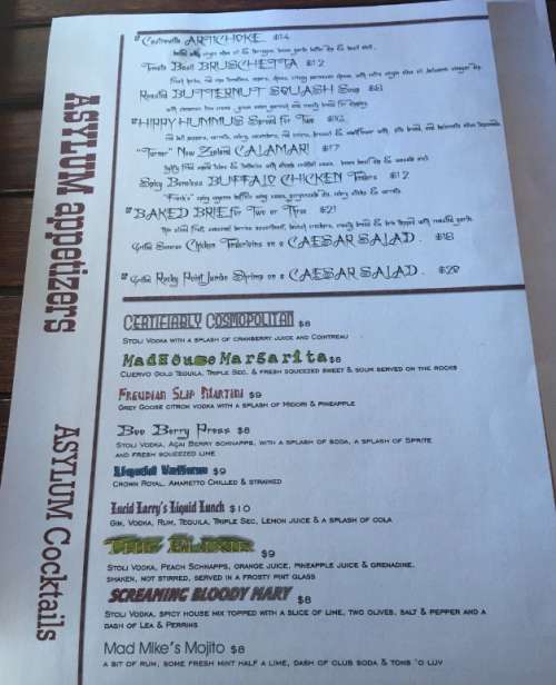 Asylum Restaurant menu in Jerome, Arizona, USA