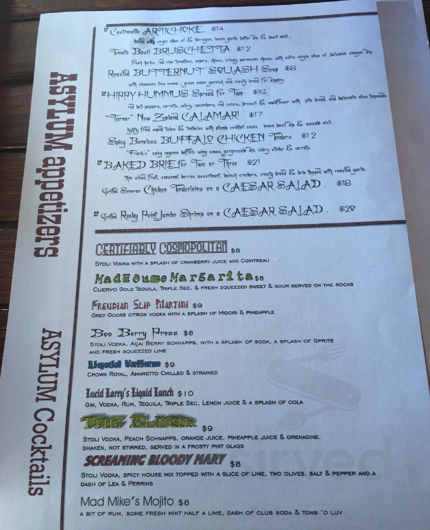 Asylum Restaurant menu in Jerome, Arizona, USA