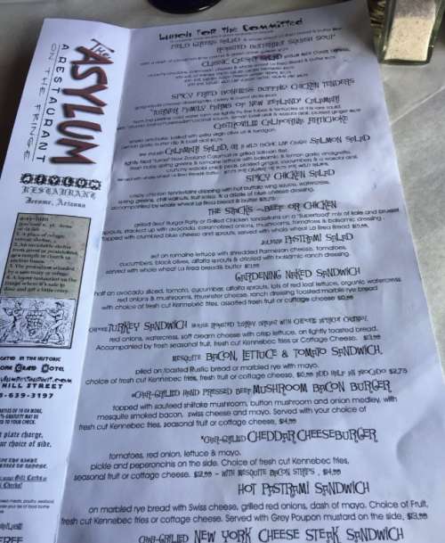 Asylum Restaurant menu in Jerome, Arizona, USA