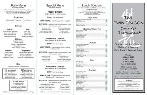 Twin Dragon menu in Philadelphia, Pennsylvania, USA