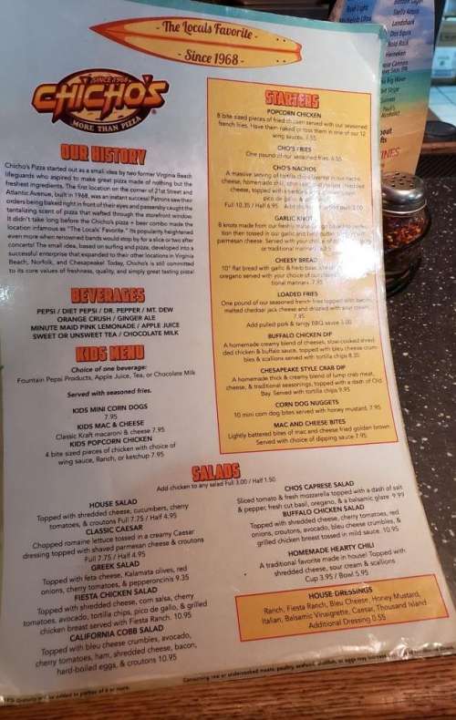 Chicho's Pizza menu in Virginia Beach, Virginia, USA
