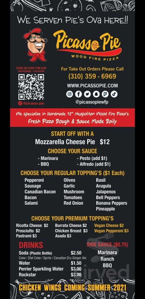 Picasso Pie Wood Fire Pizza menu in Los Angeles, California, USA