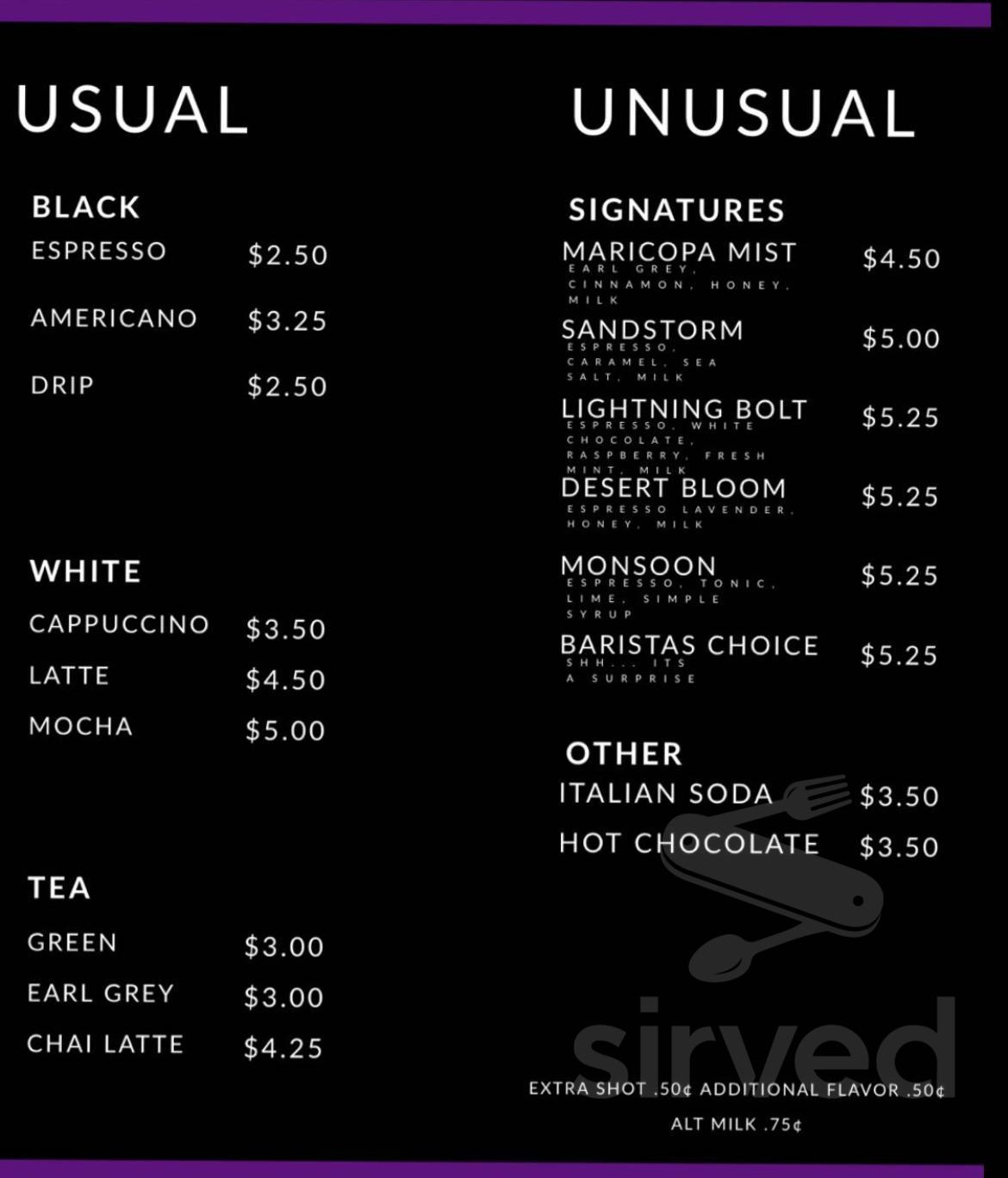 Monsoon Coffee Co. menu in Maricopa, Arizona, USA