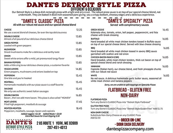 Menu - York ME's Dante's Pizza Company | Sirved