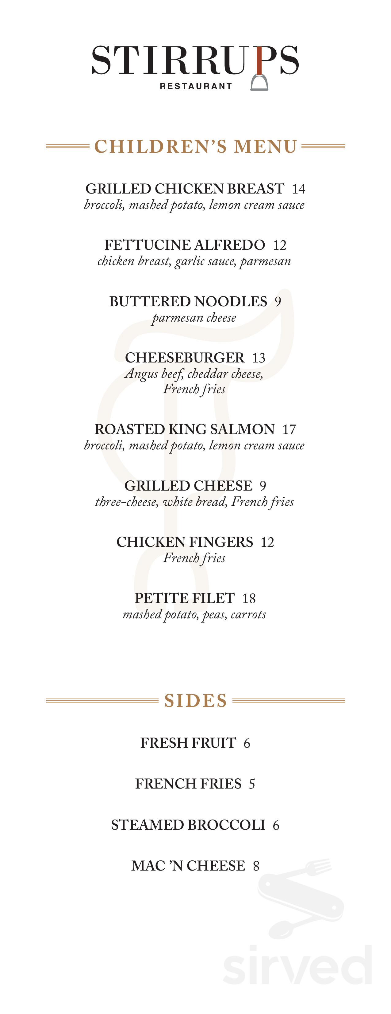Menu - Ocala FL's Stirrups Restaurant | Sirved