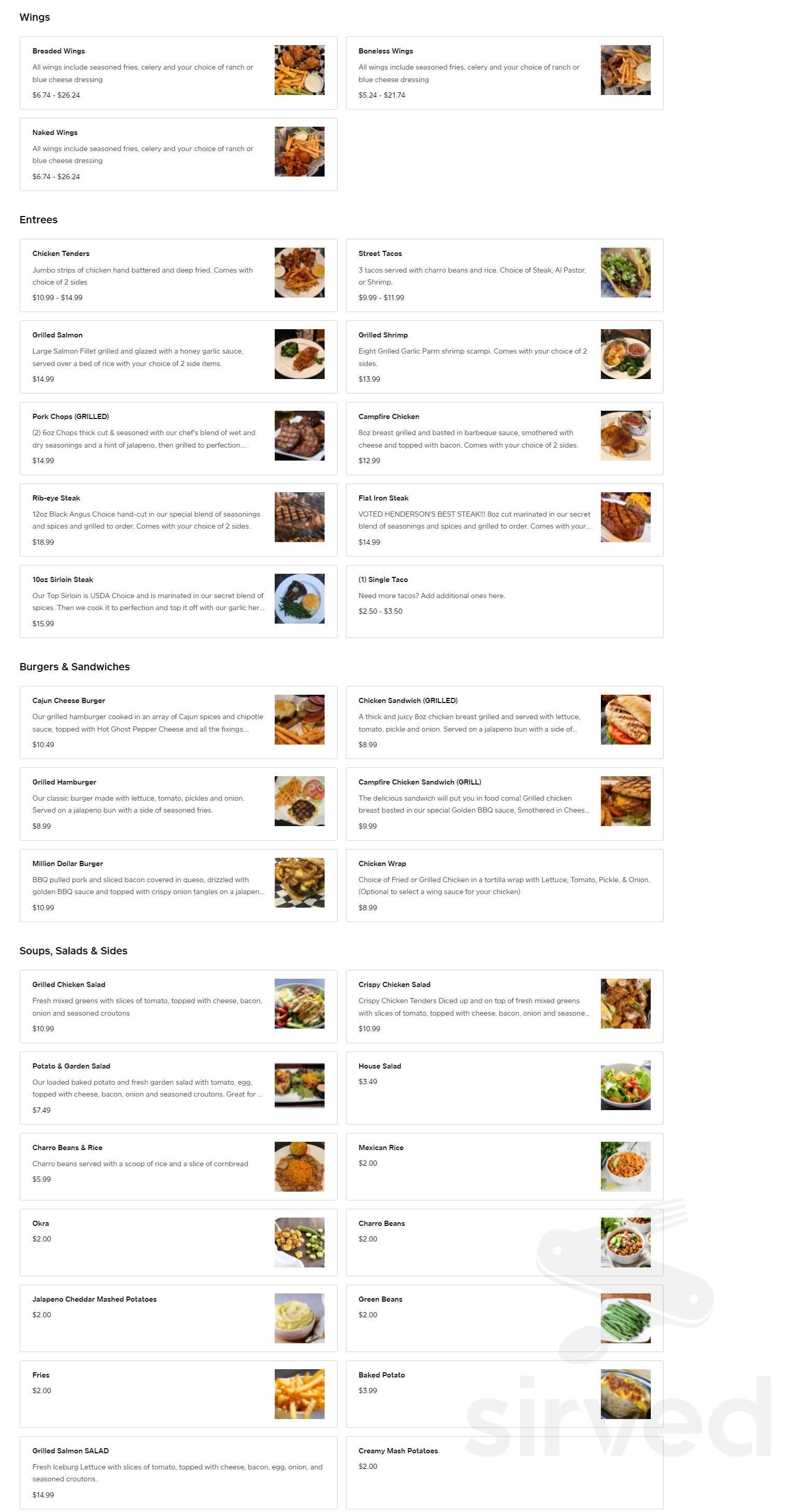 Sundowner's Bar & Grill menu in Henderson, Texas, USA