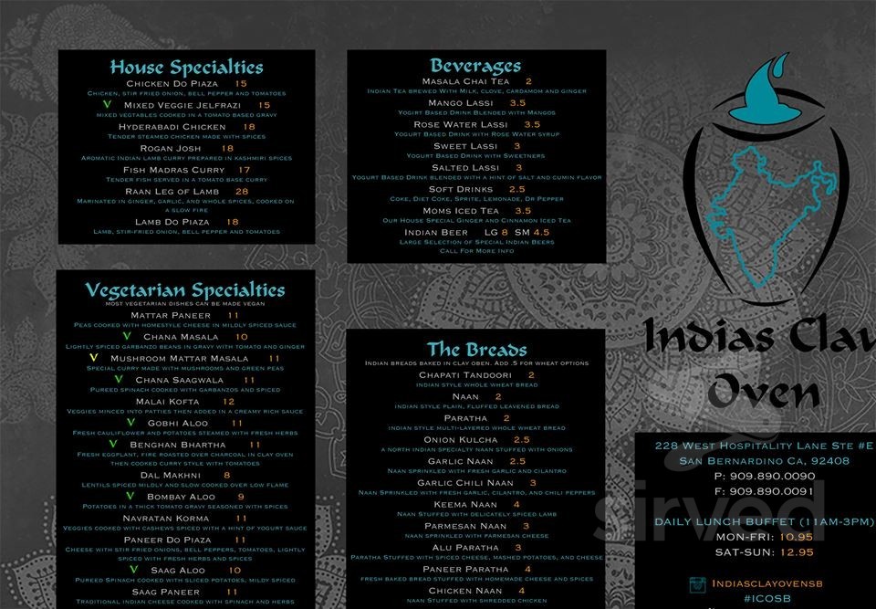 India's Clay Oven menus in San Bernardino, California, United States