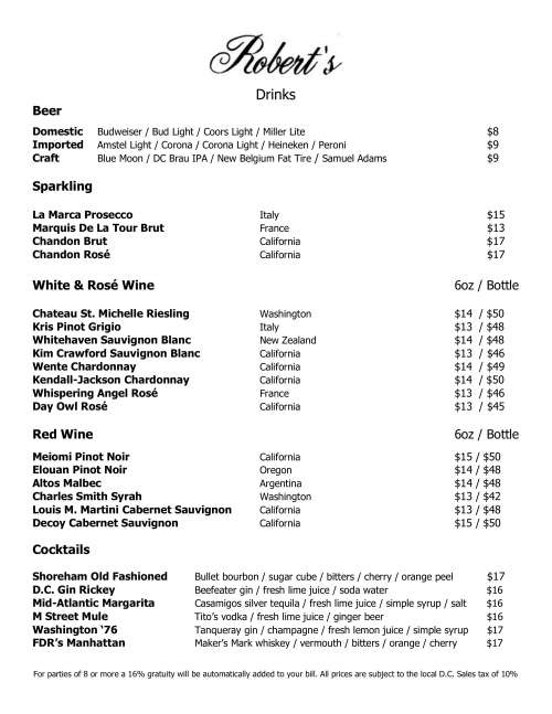 Robert's Restaurant menu in 2500 Calvert St NW, Washington, DC 20008