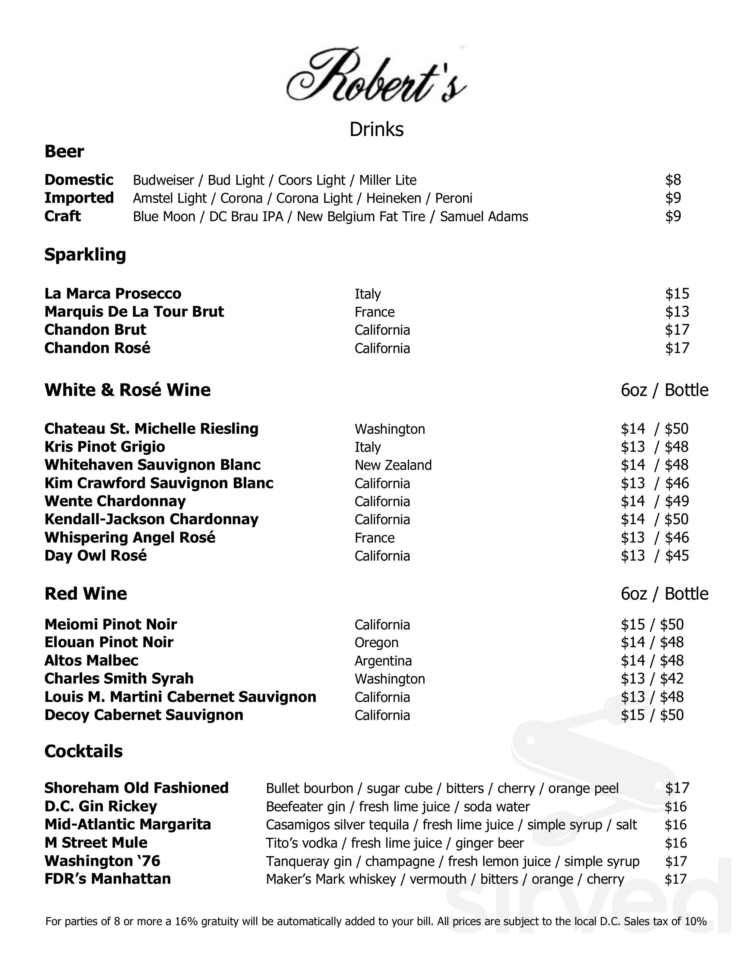 Robert's Restaurant menu in 2500 Calvert St NW, Washington, DC 20008