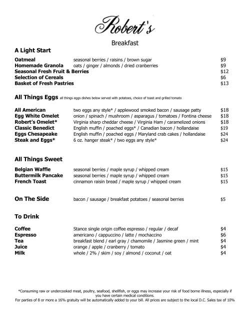 Robert's Restaurant menu in 2500 Calvert St NW, Washington, DC 20008