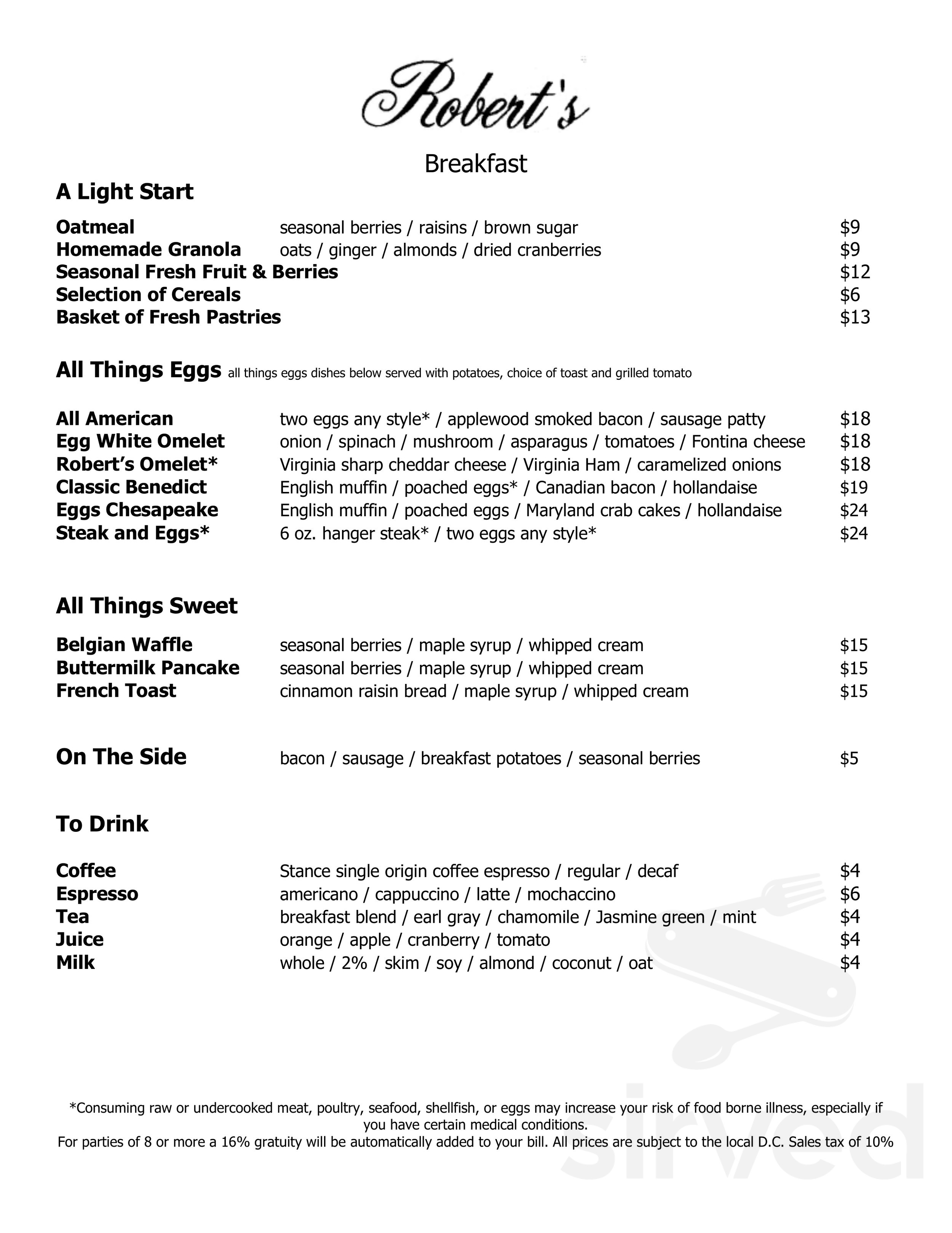 Robert's Restaurant menu in 2500 Calvert St NW, Washington, DC 20008