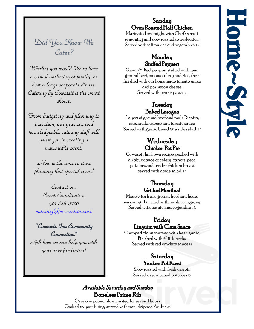 Cowesett Inn West Warwick menu in West Warwick, Rhode Island, USA