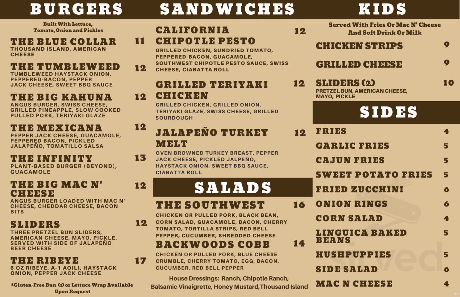 Menu - Oakdale CA's Backwoods Burgers | Sirved
