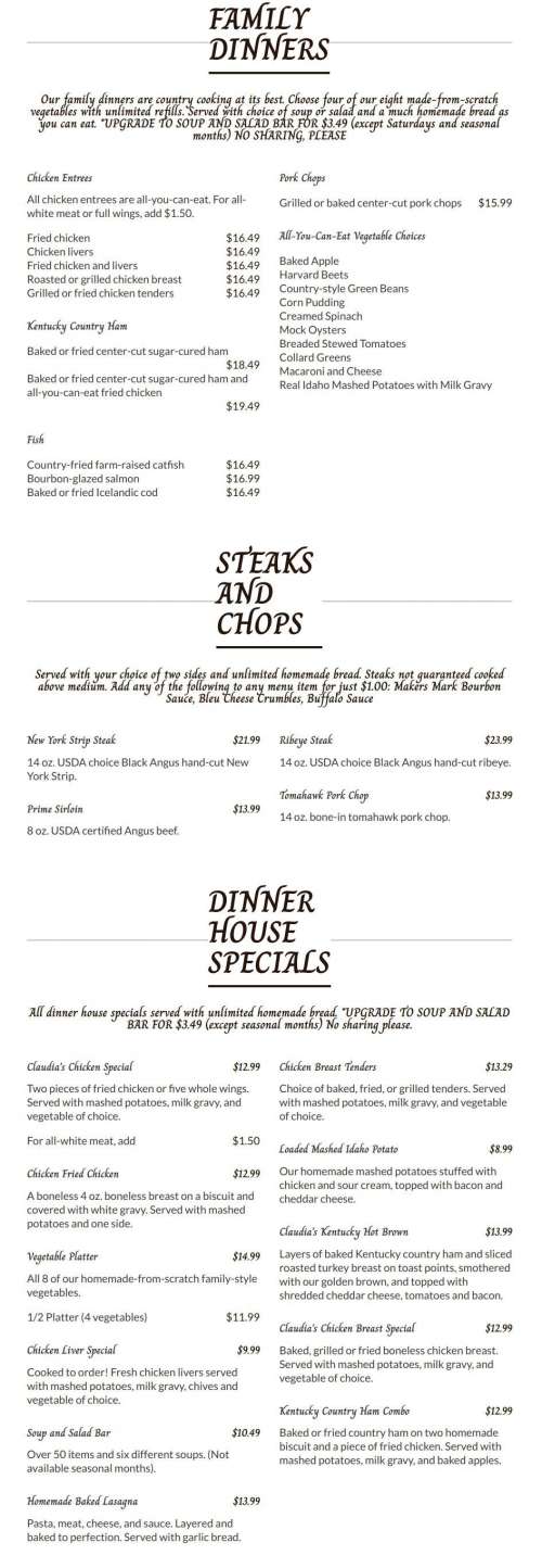 Claudia Sanders Dinner House menu in Shelbyville, Kentucky, USA