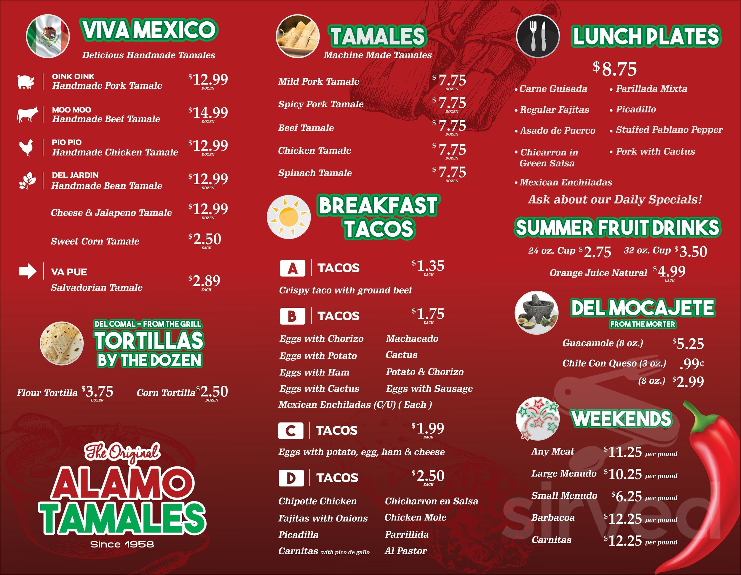 Alamo Tamales & Taco menu in Houston, Texas, USA