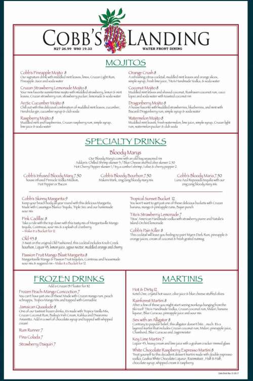 Cobb's Landing menu in Fort Pierce, Florida, USA
