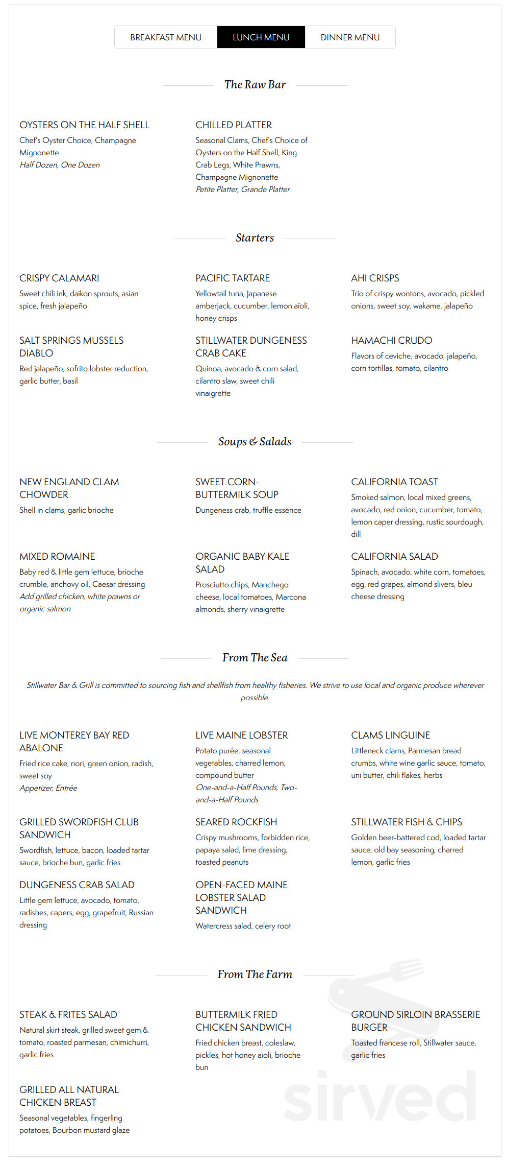 Stillwater Bar & Grill menus in Pebble Beach, California, United States