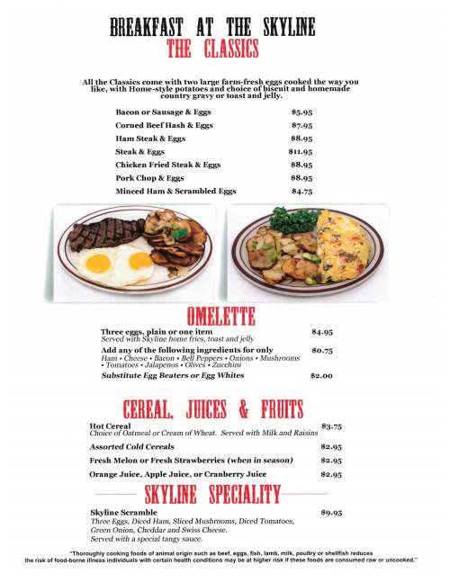 Skyline Hotel & Casino menu in Henderson, Nevada, USA